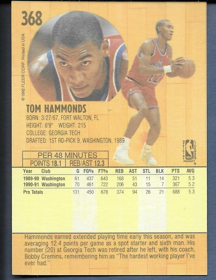1991-92 Fleer Basketball #368 Tom Hammonds | eBay