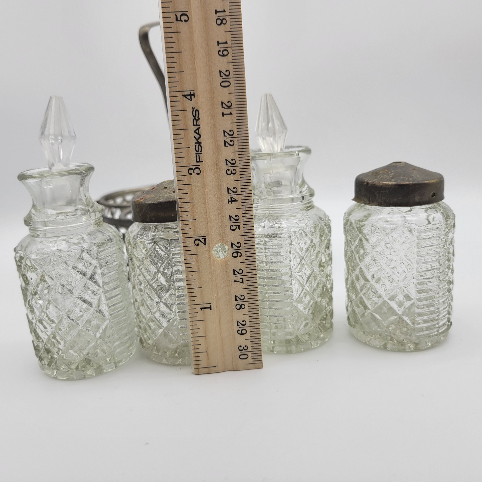 Vtg Clear Glass Cruet Set Salt Pepper Oil Vinegar Silver Holder ...