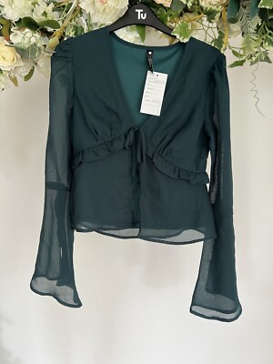 Womens Blouse Influence Tie Front Size 8 Green Lined Chiffon Cropped ...