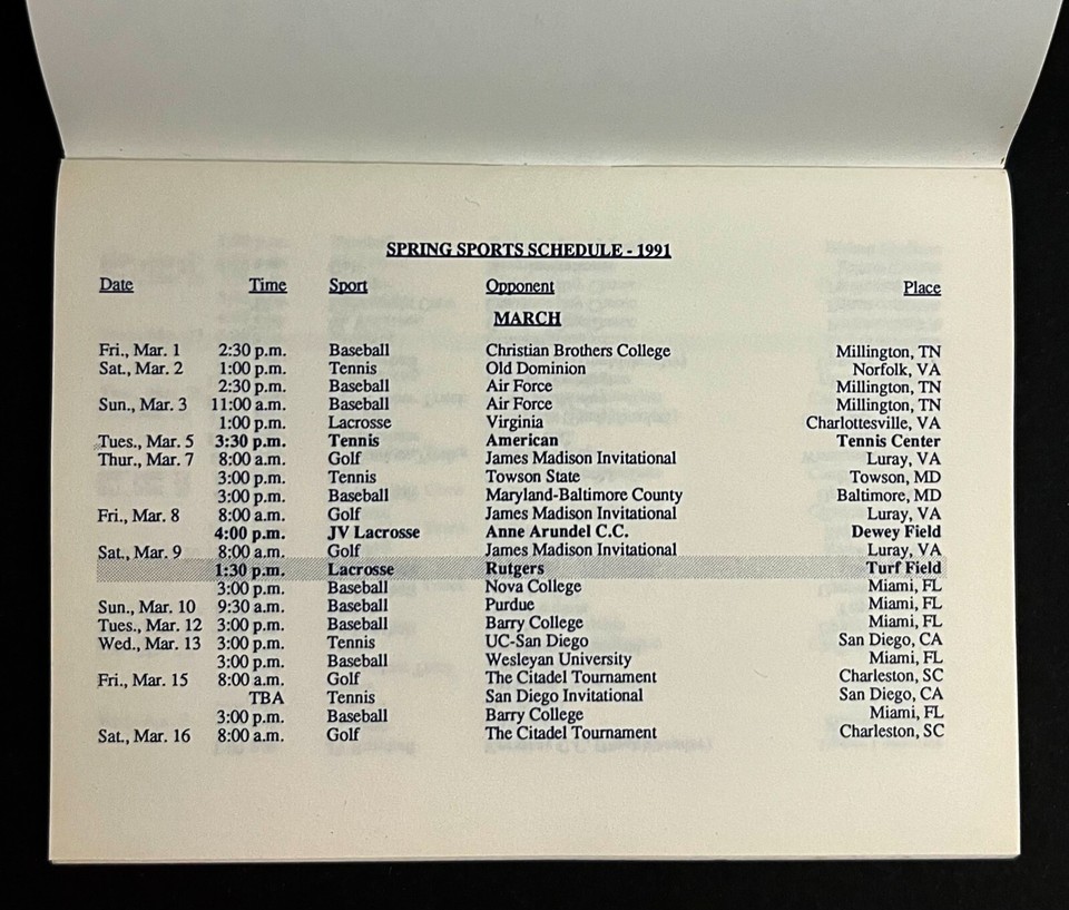 1991 US Naval Academy Navy Midshipmen Spring Sports Schedule Vintage ...