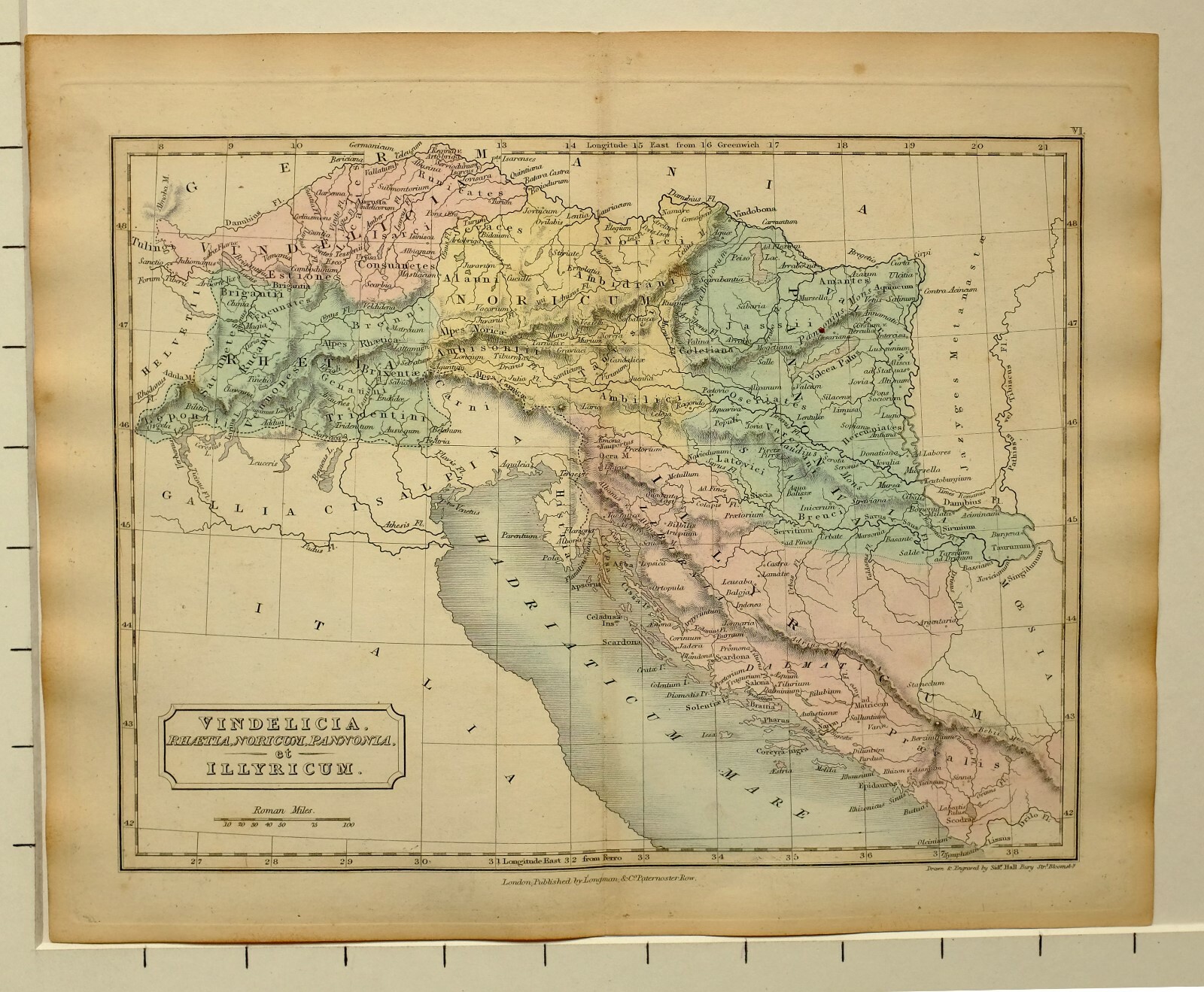 1851 HAND COLOURED ANCIENT MAP VINDELICIA RHAETIA NORICUM PANNONIA ...