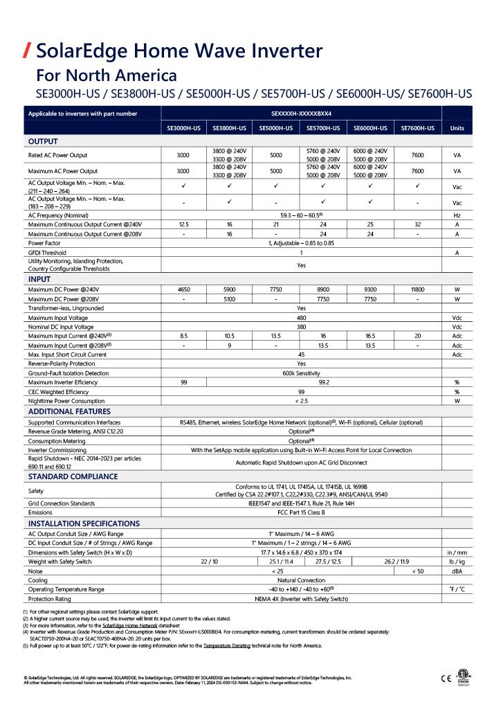 Solaredge SE6000H-US000BNU4 6Kw 240 V Single Phase String Wave Inverter ...