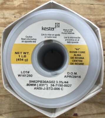 Kester 24-7150-0027 Wire Solder, #44-Rosin / Sn62Pb36Ag2 / .031" dia ...