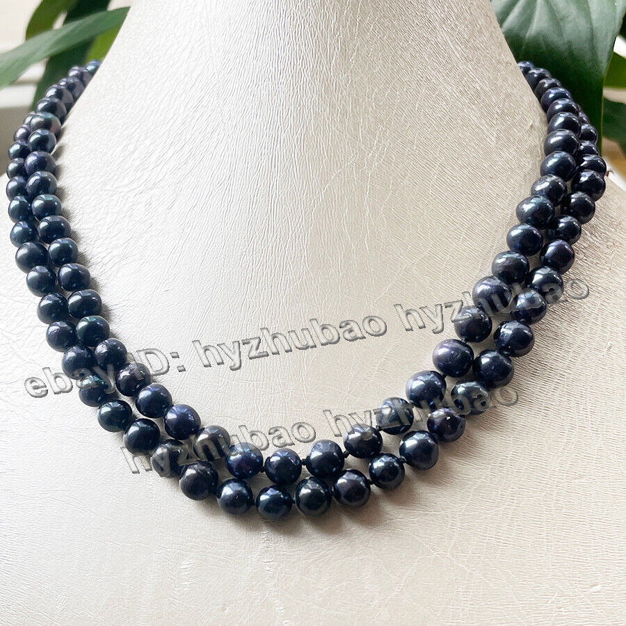 2 Rows 7-8mm Genuine Black Akoya Cultured Pearl Beads 14K GP Necklace ...