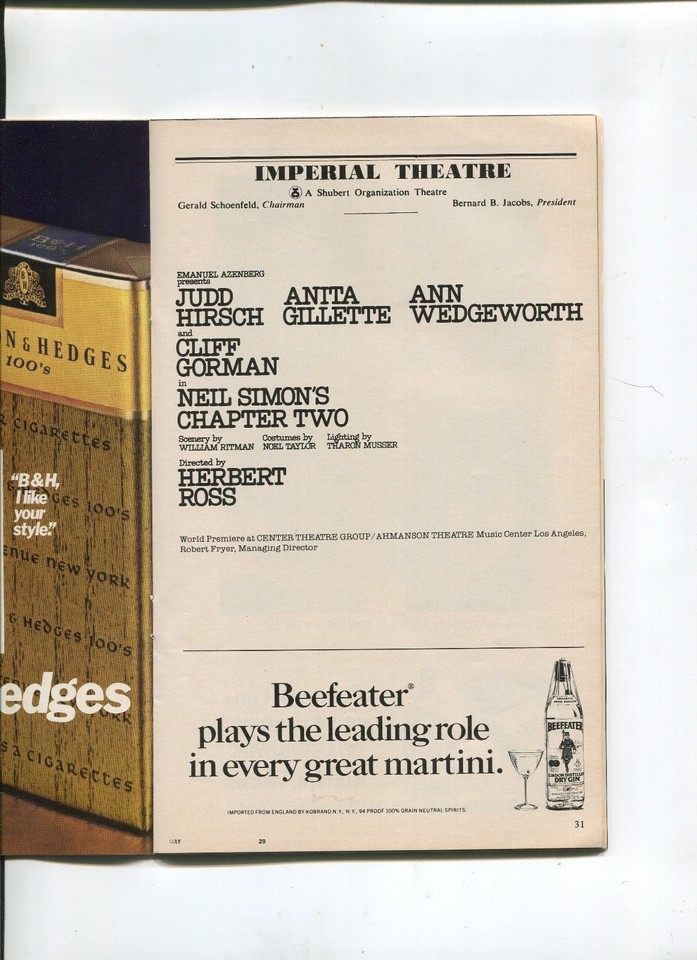 Vintage Broadway PLAYBILL 1978 Neil Simon CHAPTER TWO Judd HIrsch Anita ...