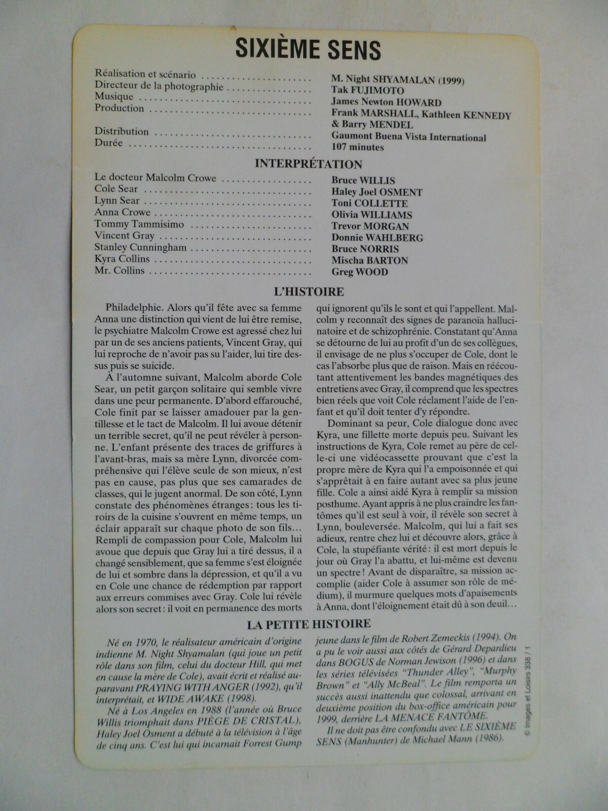 CARTE FICHE CINEMA 1999 SIXIEME SENS Bruce Willis Haley Joel Osmet Toni ...