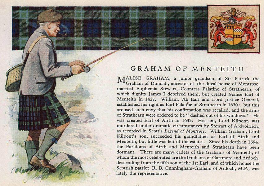 Graham of Menteith. Scotland Scottish clans tartans arms 1957 old print ...