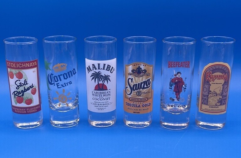 Luminarc 2 Oz Shooters Lot of 6 Beefeater Kahlua Malibu Stolichnaya ...
