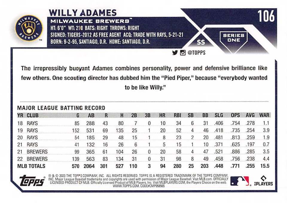 Willy Adames 2023 Topps Baseball card Series One Base #106 Milwaukee ...