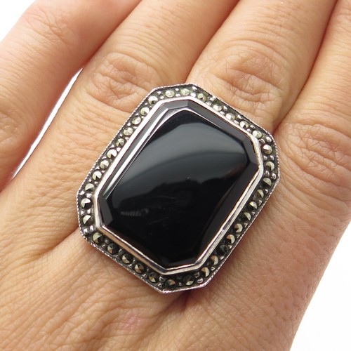 CLARK & COOMBS 925 Sterling Silver Vintage Black Onyx Marcasite Ring ...