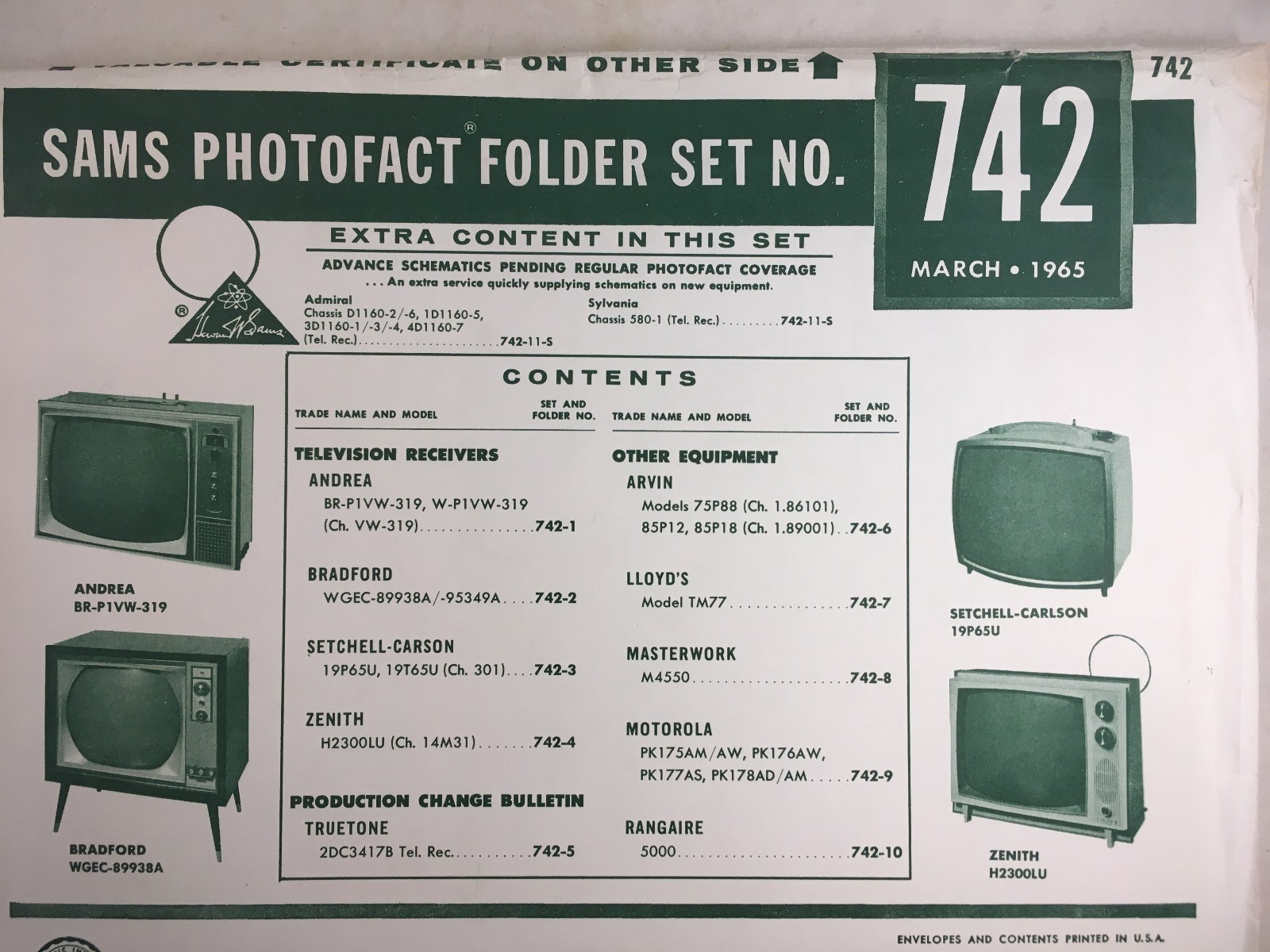SAMS PHOTOFACT FOLDER SET NO. 742, 1965, SCHEMATICS & SERVICE MANUALS ...