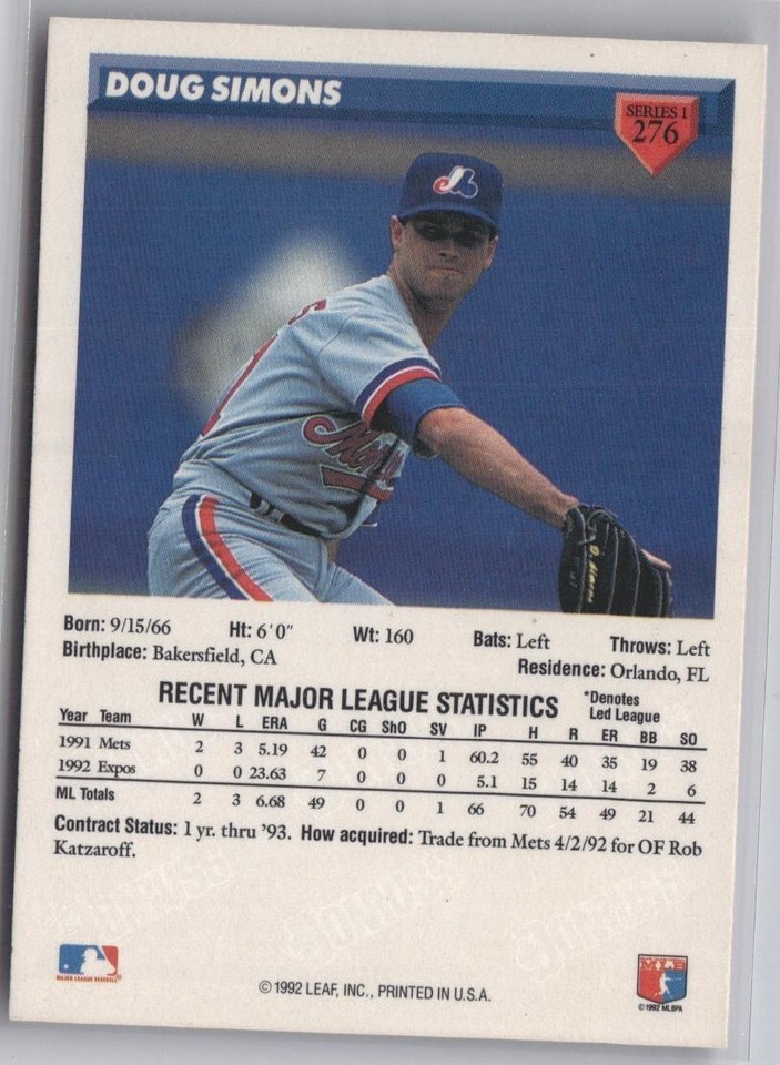 1993 Donruss Montreal Expos Baseball Card #276 Doug Simons | eBay