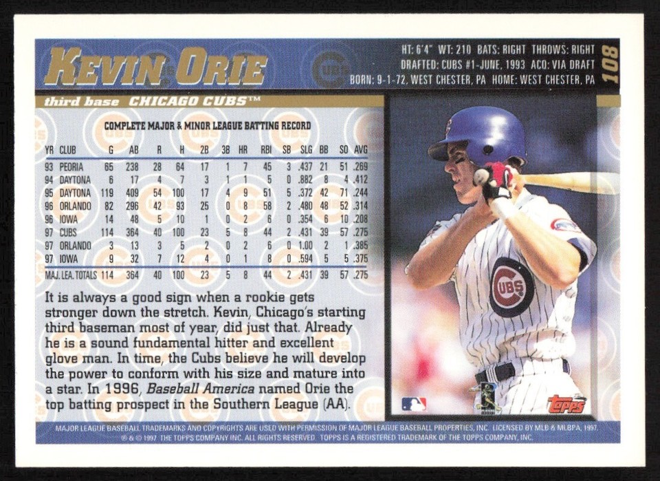 1998 Topps Baseball Kevin Orie #108 Chicago Cubs | eBay
