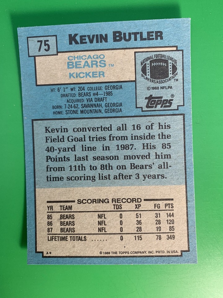 1988 Topps Kevin Butler #75 Chicago Bears | eBay