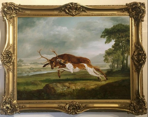Handmade Old Master-Art Antique Oil painting Animal hunting dog on ...