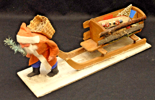 LARGE OLD GERMAN CLAY FACE COTTON SANTA CLAUS BELSNICKLE PULLING SLEIGH ...