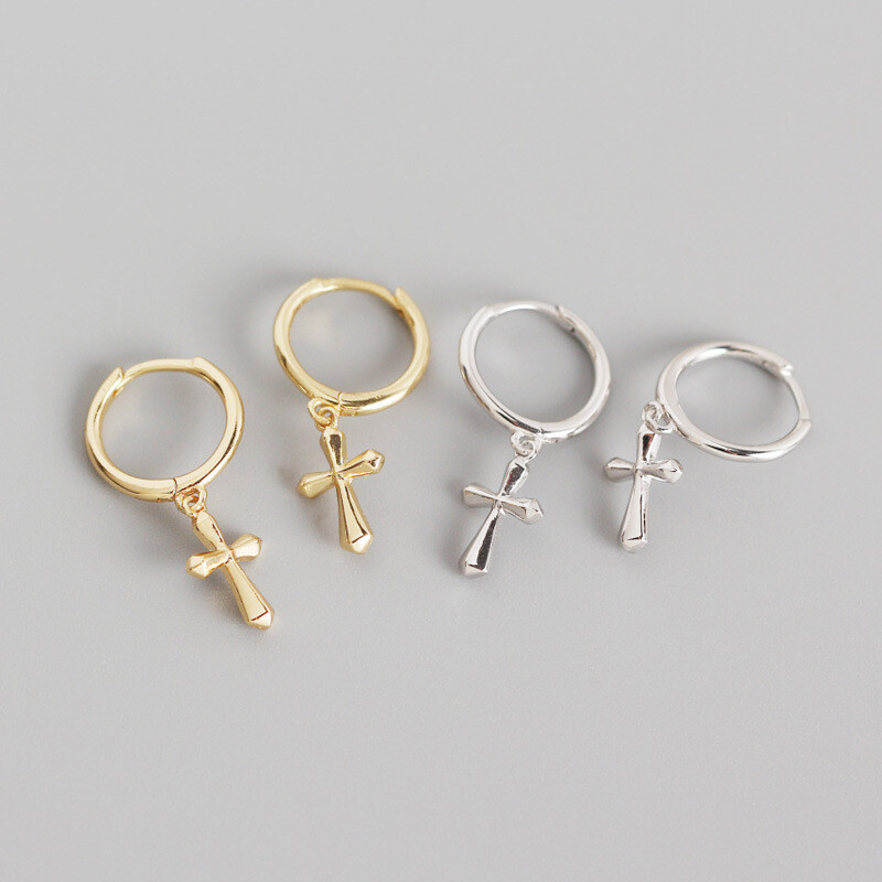 18k Yellow Gold Plated Religious Faith Cross Dangling Hinged Hoop ...