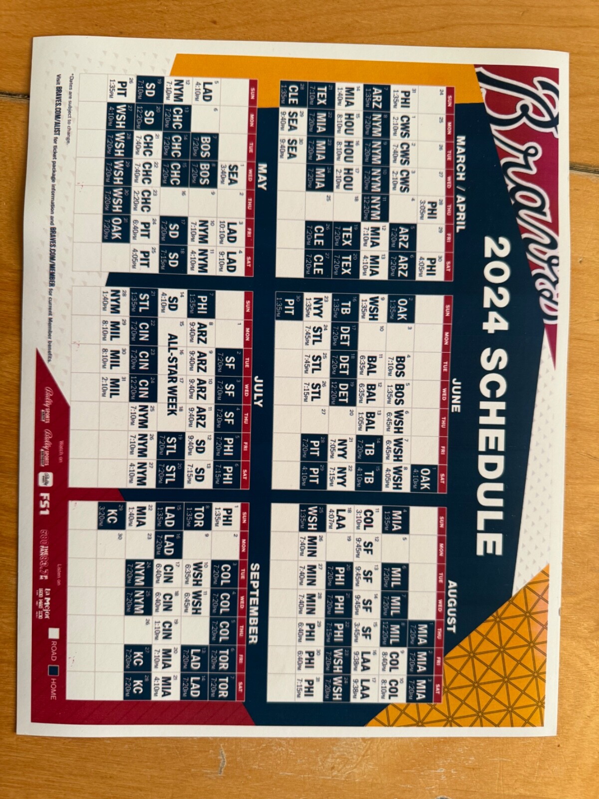 FULL PAGE ATLANTA BRAVES 2024 TEAM SCHEDULE REFRIGERATOR MAGNET ...