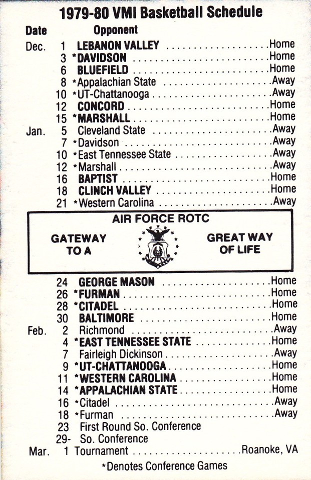 1979-80 VMI VIRGINIA MILITARY INSTITUTE KEYDETS BASKETBALL POCKET ...