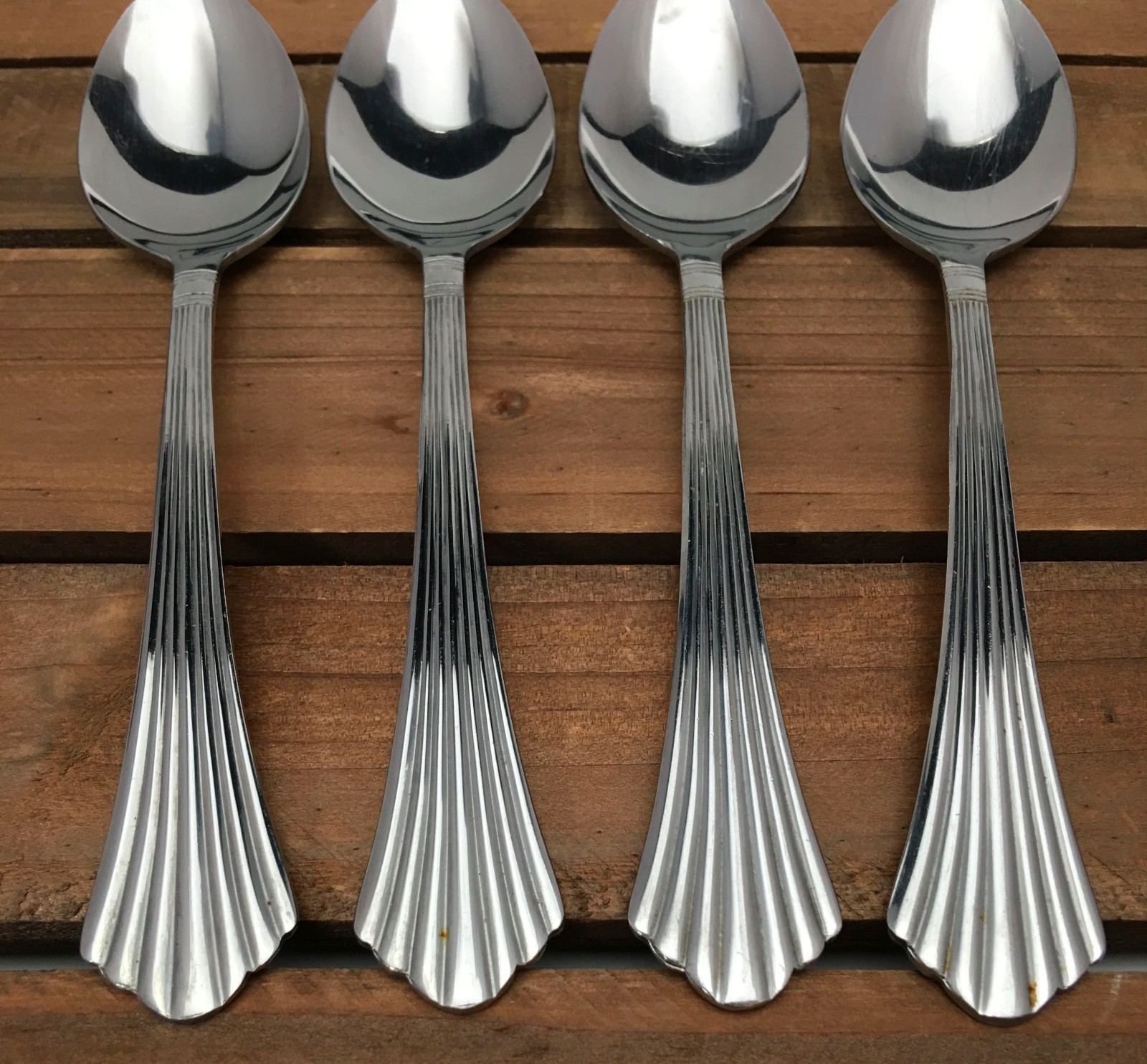 4 Farberware Heron Place Oval Soup Spoons Stainless Flatware Ridges Fan ...