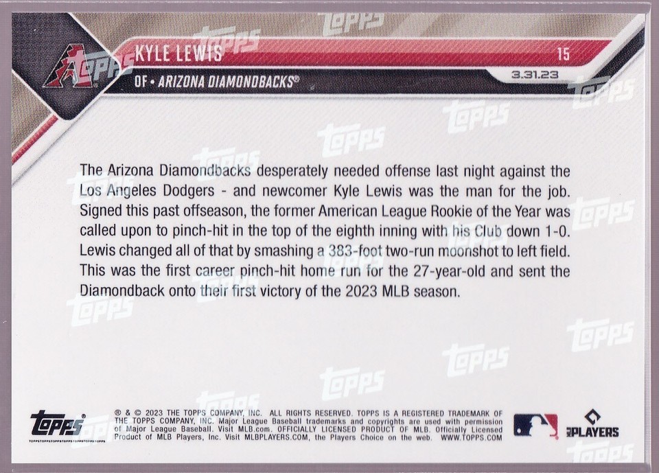Kyle Lewis Arizona Diamondbacks 1st Career 2023 Topps Now #15 Blue ...