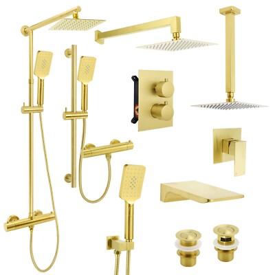 Brushed Gold Square Shower Head Set Mixer Tap Wall Rail Arm Spout Pop ...