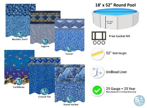 SmartLine 18' x 52” Round Unibead 25 Gauge Swimming Pool Liner - Choose ...