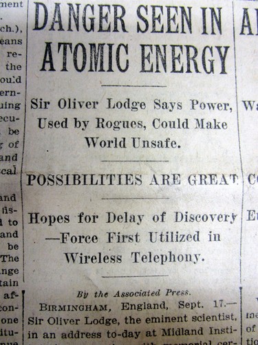 1919 newspaper w EARLIEST WARNING ofTHE DANGER OF ATOMIC ENERGY to ...