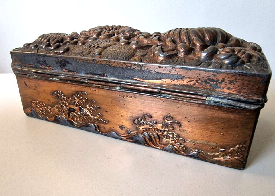 Antique Japanese Antimony Box Early 1900s Crysthanemums Birds Metal ...