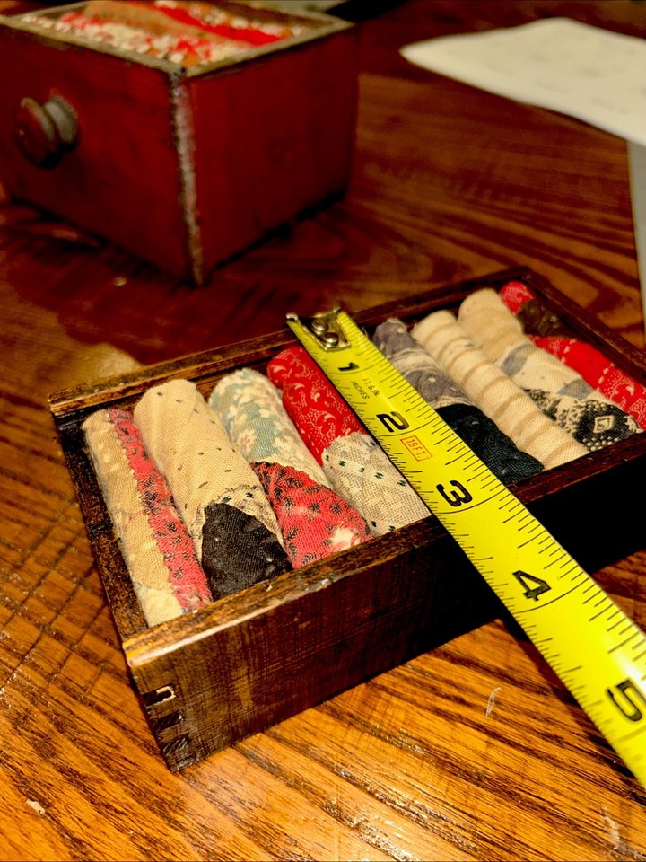 Old Wooden Box W/Dovetails Filled W/ Early Calico Quilt Scraps Reds ...