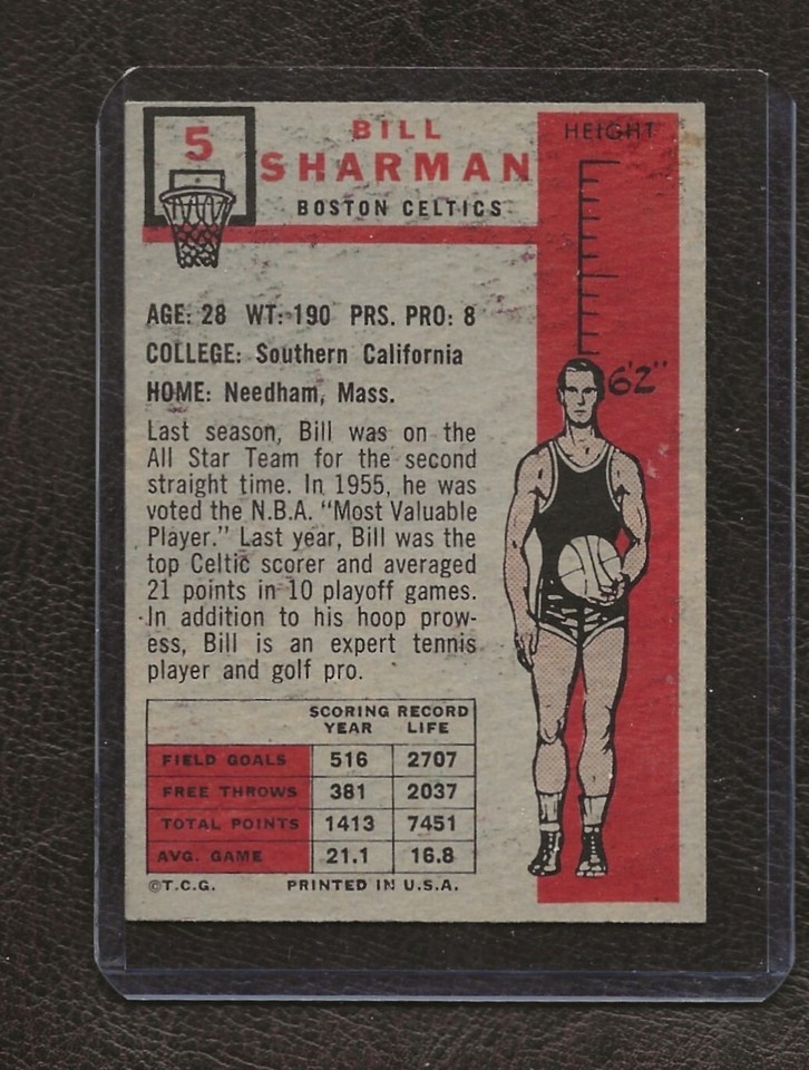 1957 Topps Basketball #5 Bill Sharman, Boston Celtics, HOF, Rookie ...