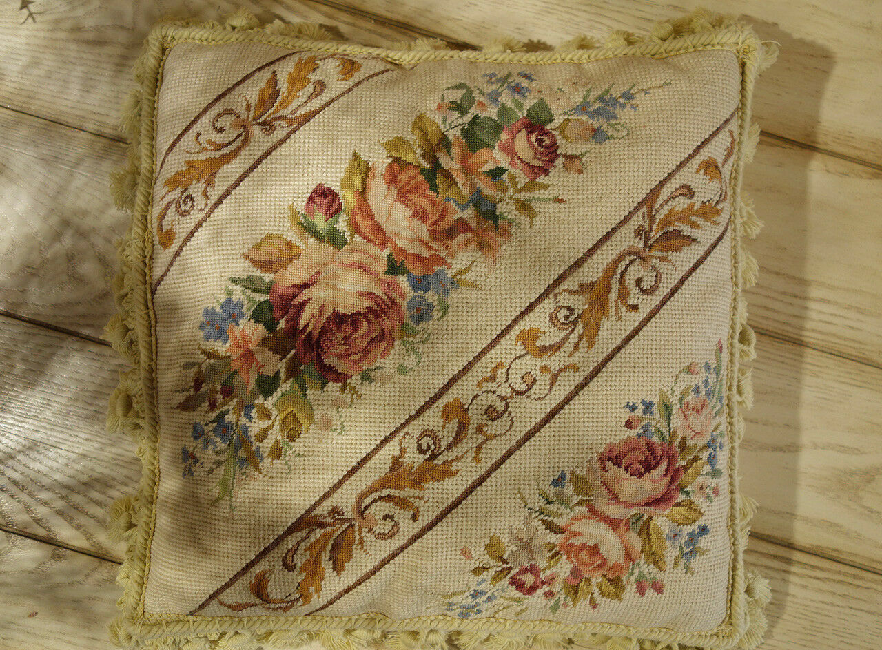 14" Handmade Gorgeous Needlepoint Pillow Pink Rose Tiny Petit Point ...