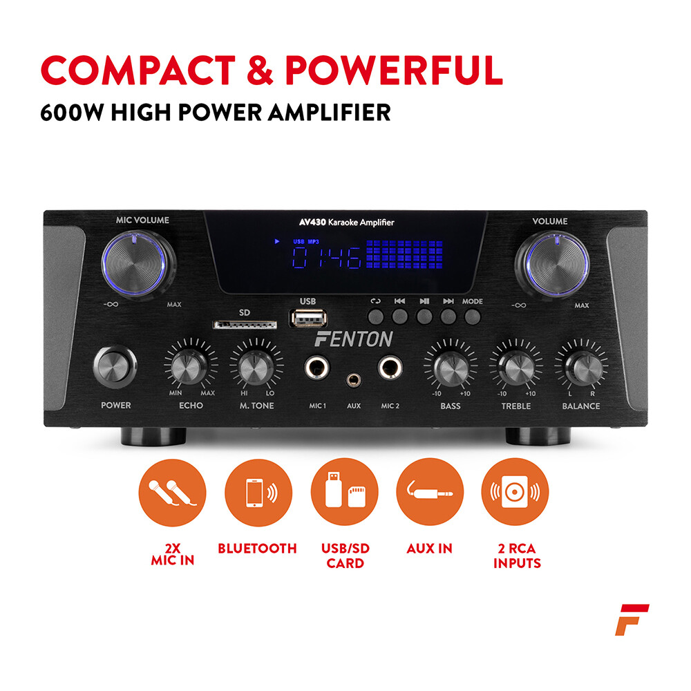 Fenton AV430B Karaoke Amplifier 2x 300W Bluetooth Home Stereo Black ...