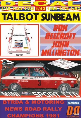 DECAL TALBOT SUNBEAM R. BEECROFT BTRD & MOTORING NEW ROAD R. CHAMPIONS ...