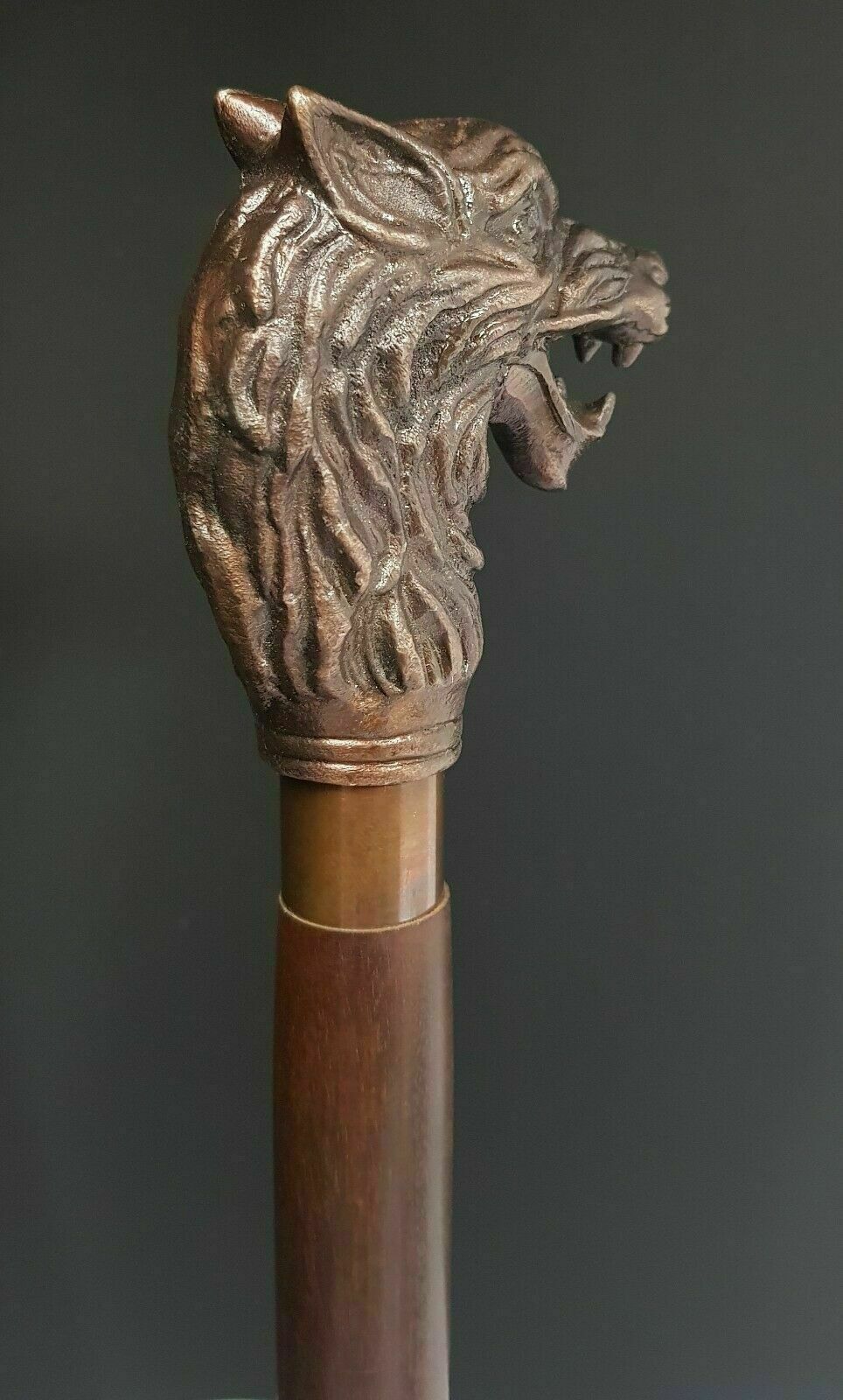 Antique Wolf Head Handle Brown Wooden Walking Stick Cane Xmas Vintage ...