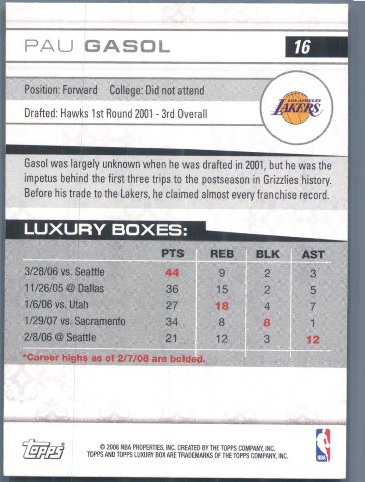 2007-08 Topps Luxury Box Memphis Grizzlies Pau Gasol #16 | eBay