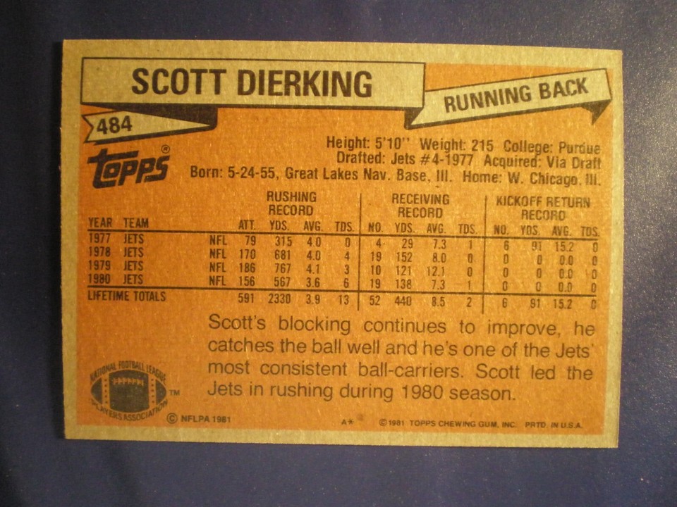 1981 Topps Football Jets Scott Dierking Card # 484 | eBay