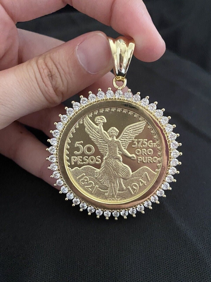 14K Yellow Gold Finish 50 Pesos Moneda Mexican CENTENARIO Pendant Lab ...