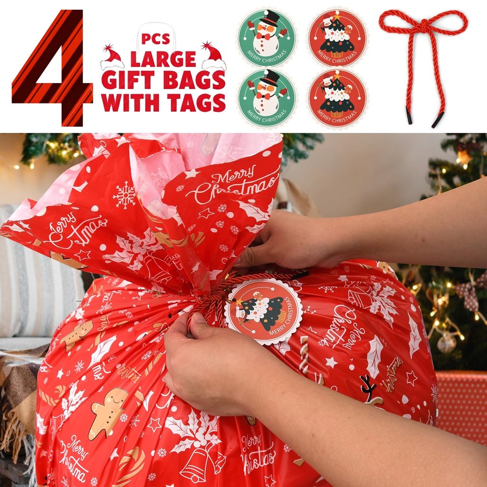 Extra Large Christmas Gift Bags, 36” x 56”, 4 PCS Jumbo Xmas Gift Bags ...