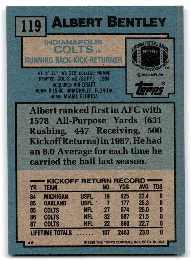 1988 Topps Albert Bentley Football Cards #119 | eBay