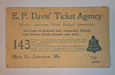 Lewiston Maine E P Davis Ticket Agency Antique Business Card Railroad ...