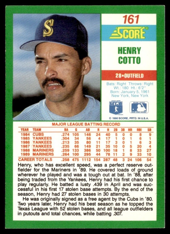 1990 Score Henry Cotto Seattle Mariners #161 | eBay