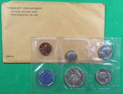 1960 U.S. Mint Proof Coin Set. 5 Coins. 90% silver. Original envelope ...