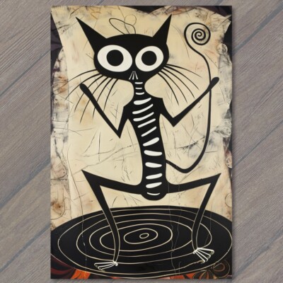 POSTCARD Cat Surreal Skeleton Black Cubist Abstract Art Spiral Eyes ...
