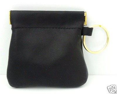 Squeeze Coin Purse Black Leather Coin Pouch Wallet with Key Ring Made ...