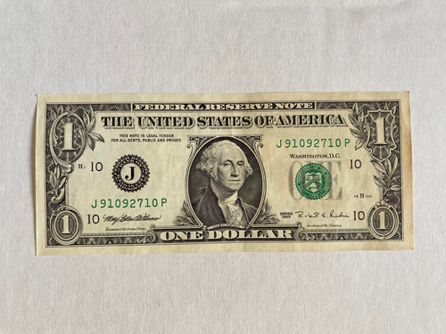 1995 One Dollar US $1 Note Paper money J 91092710 P dollars J91092710P ...