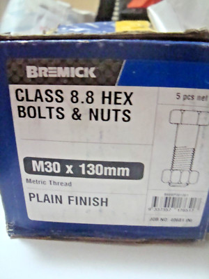 M30 X 130mm Hex Head Bolt Box of 5 (V) plain finish gr 8.8 HI-Tensile ...