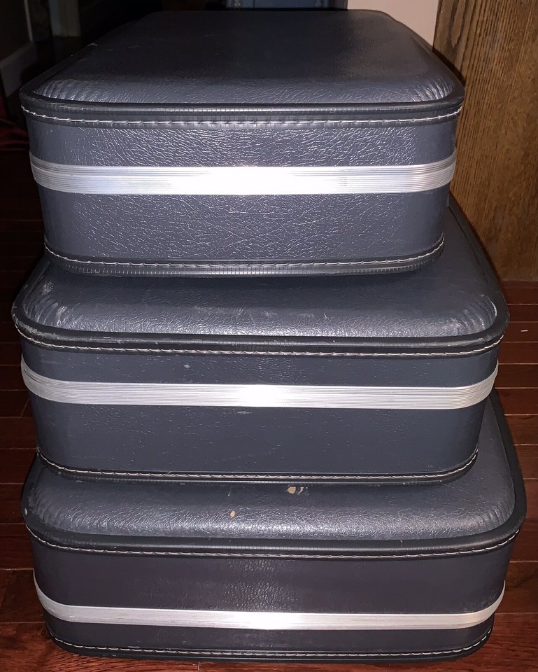 Vintage Hard Shell Suitcase Luggage Blue Gray 3 Piece Nesting Set | eBay