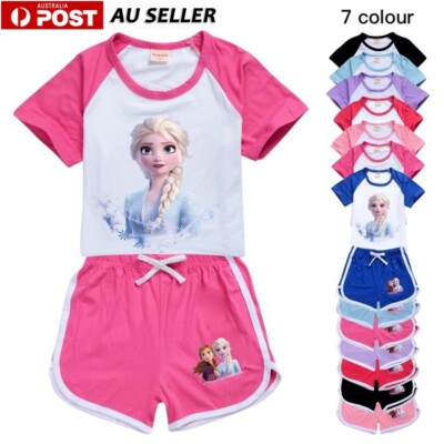 Girls Frozen 2 Elsa Anna T-shirt Shorts Suits Summer Beach Tshirt Tops ...