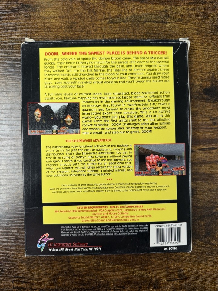 DOOM SHAREWARE 1993 PC Big Box 3.5" Diskettes Id Software GT ...